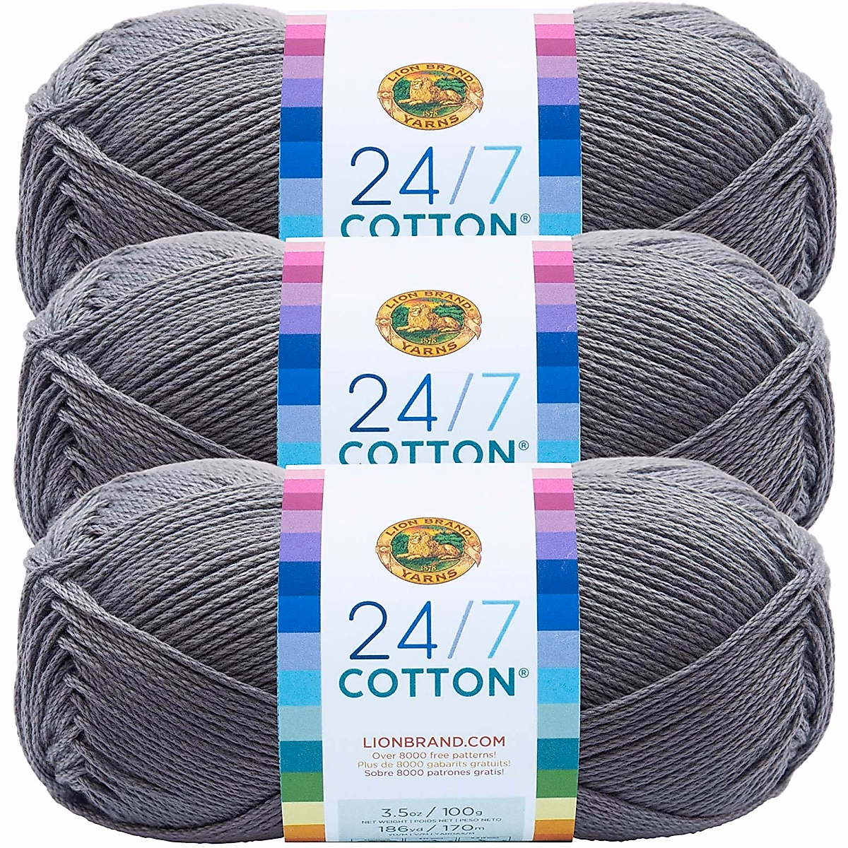 Lion Brand 24/7 Cotton Yarn, Yarn for Knitting, Crocheting, and Crafts, Silver, 3 Pack