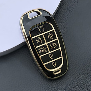 HIBEYO Key Fob Cover for Hyundai Sonata 2020 2021 2022 Santa Fe Smart Remote Auto Key Shell Soft TPU Car Accessories for Hyundai 7 Buttons Key with Bling Keychains-Black