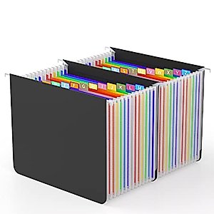 Hanging File Folders Letter Size, 26 Creative Accordion Pockets, Plastic Expanding File Folders for Filing Cabinet, Expandable, Waterproof,Large Capacity, Sturdy, Multi Color Tabs Included