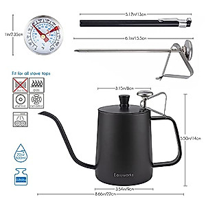 Easyworkz Gage Gooseneck Pour Over Coffee Kettle 20 oz with Thermometer Stainless Steel Hand Drip Coffee Pot With Long Narrow Spout