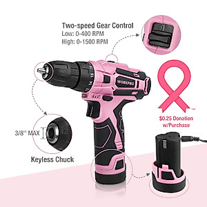 WORKPRO Pink Cordless Drill Driver Set, 12V Electric Screwdriver Driver Tool Kit, 3/8" Keyless Chuck, Charger and Storage Bag Included - Pink Ribbon