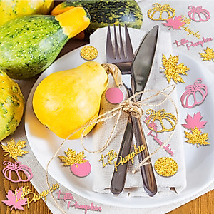 400 Pieces Fall Little Pumpkin Maple Leaf Confetti Pink and Gold Pumpkin Baby Shower Decorations Glitter Thanksgiving Table Confetti for Baby Girl Birthday Party Supplies (Vivid Style)