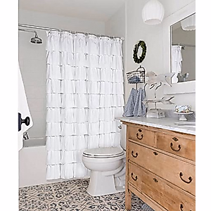 Volens White Shower Curtain Fabric/Ruffle for Bathroom,70in Long