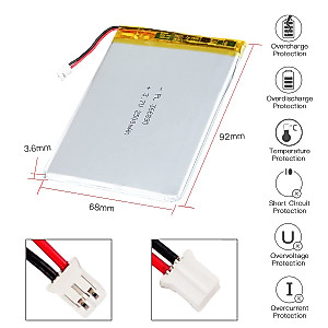 YTKavq 3.7V 2500mAh Battery 366890 Lithium Polymer Ion Rechargeable Li-ion Li-Po Battery with 2P PH 2.0mm Pitch Connector