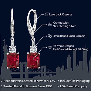 Gem Stone King 925 Sterling Silver Red Created Ruby Dangle Earrings For Women (5.60 Cttw, Gemstone July Birthstone, Emerald Cut 9X7MM)