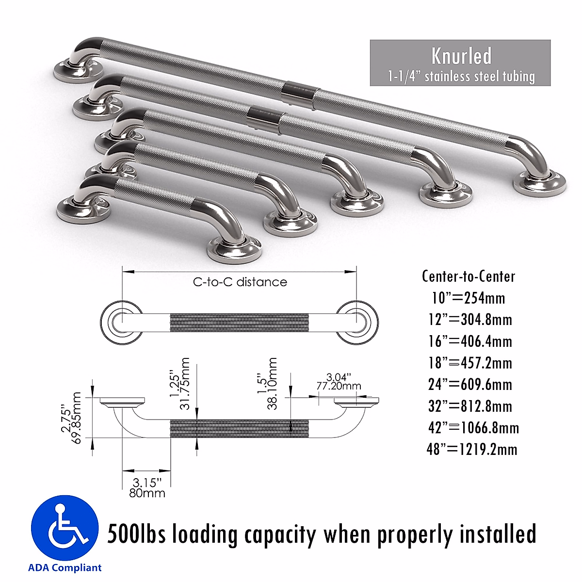 AmeriLuck Grab Bar with Knurled Anti-Skid Grip, ADA Compliant 500lbs Supporting, Stainless Steel Brushed Nickel (12in, 1PK)
