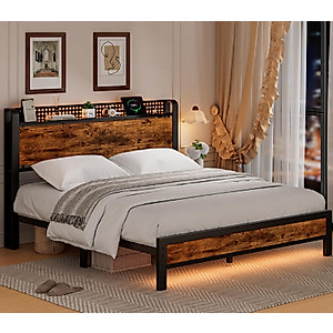 Furnulem Bed Frame Queen Size with Light,Industrial Storage Headboard with Power Outlet and USB Port,Wood Platform Queen Bed with Strong Metal Support,No Box Spring Needed,Silent