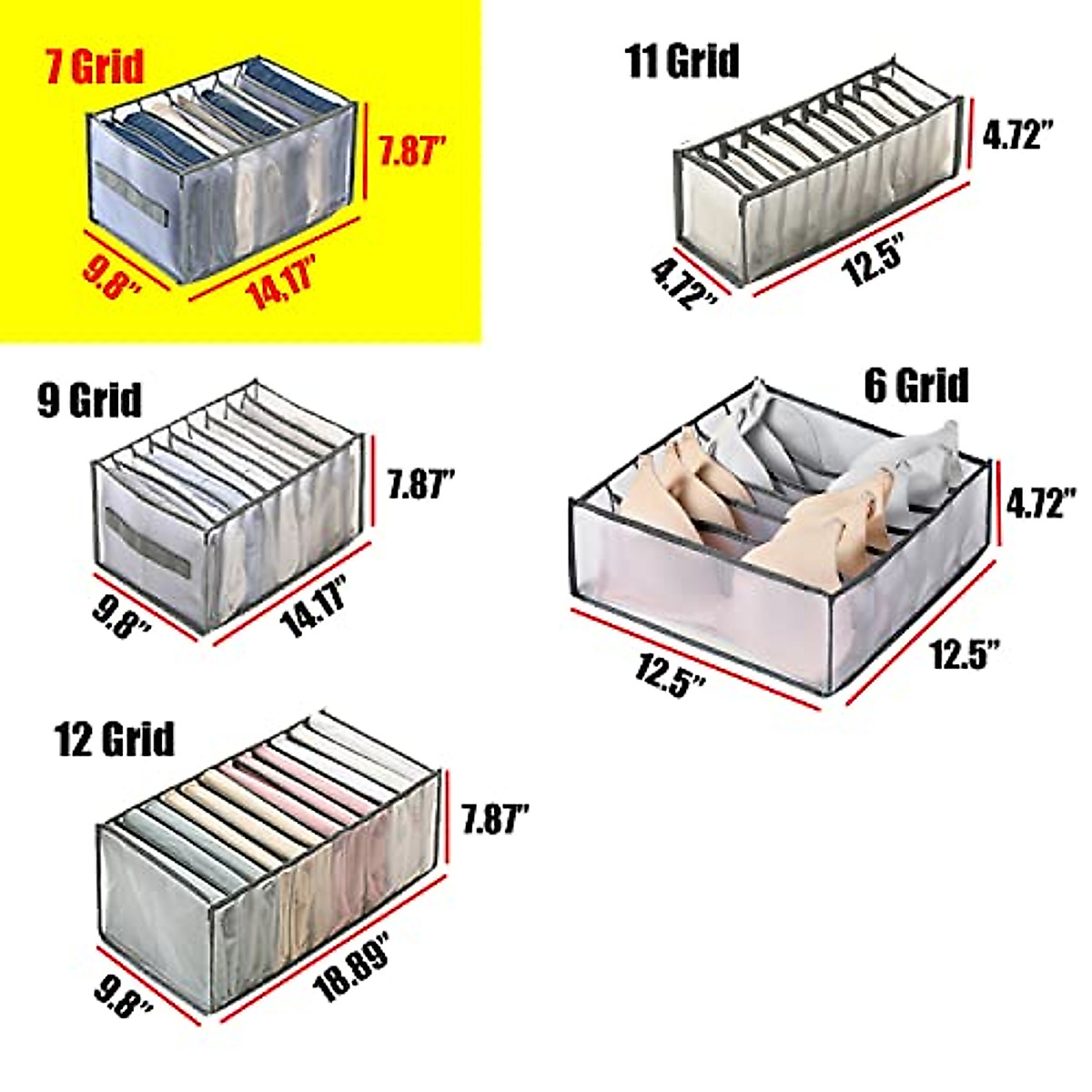 Wardrobe Clothes Organizer, 7 Grid Washable Jeans Drawer Organizer with Compartment Storage Box,Foldable Drawer Closet Clothing Organizer Basket for T-Shirt,Set of 2 (Grey with Handle)