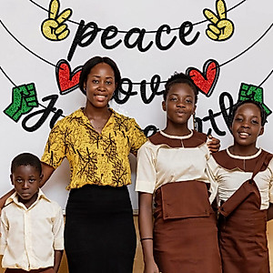 Peace Love Juneteenth Banner - Juneteenth and Pride Decorations in Red Gold Black Glitter Cardstock - Handmade Pre-Strung