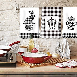 Whaline Easter Kitchen Towel Black White Dish Towel Happy Easter Plaid Dishcloth Large Tea Towel Decorative Spring Cloth Towel for Easter Home Kitchen Coking Baking, 4 Designs, 28 x 18
