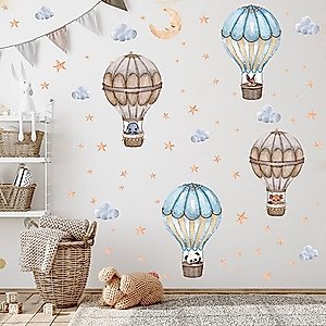 OLMIXA Watercolor Hot Air Balloon Wall Decal, Animal with Moon Stars Clouds Wall Stickers, Vinyl Colorful Wall Art for Nursery Toddler Room Playroom Decor