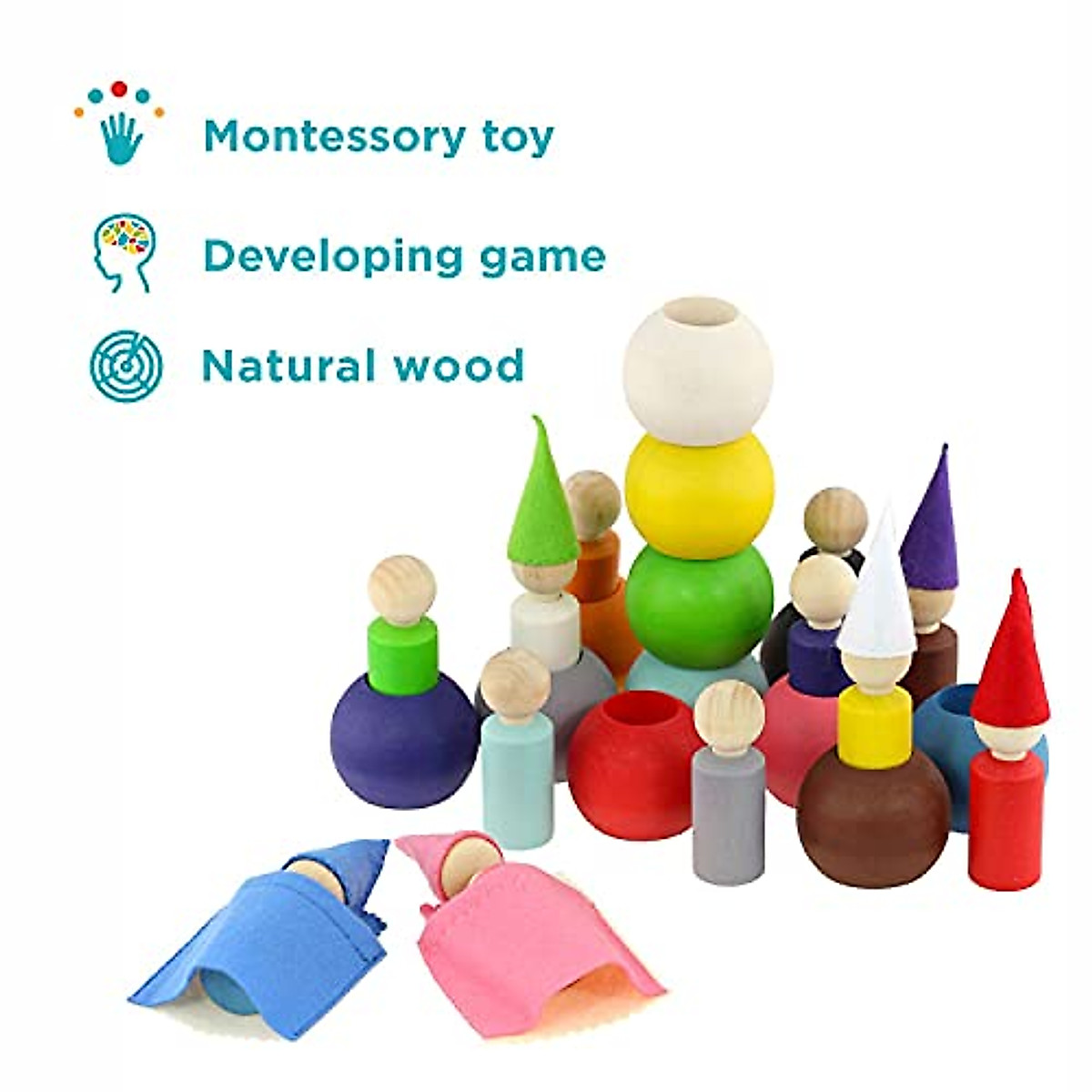 Ulanik Peg Dolls in Balls with Hats & Beds Toddler Montessori Toys for 3 Year Old + Wooden Waldorf Dolls for Learning Color Sorting & Counting — 12 Gnomes, 2 in