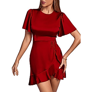 LYANER Women's Satin Wrap Front Ruffle Hem Short Sleeve Crewneck A Line Mini Short Dress Wine Red Medium