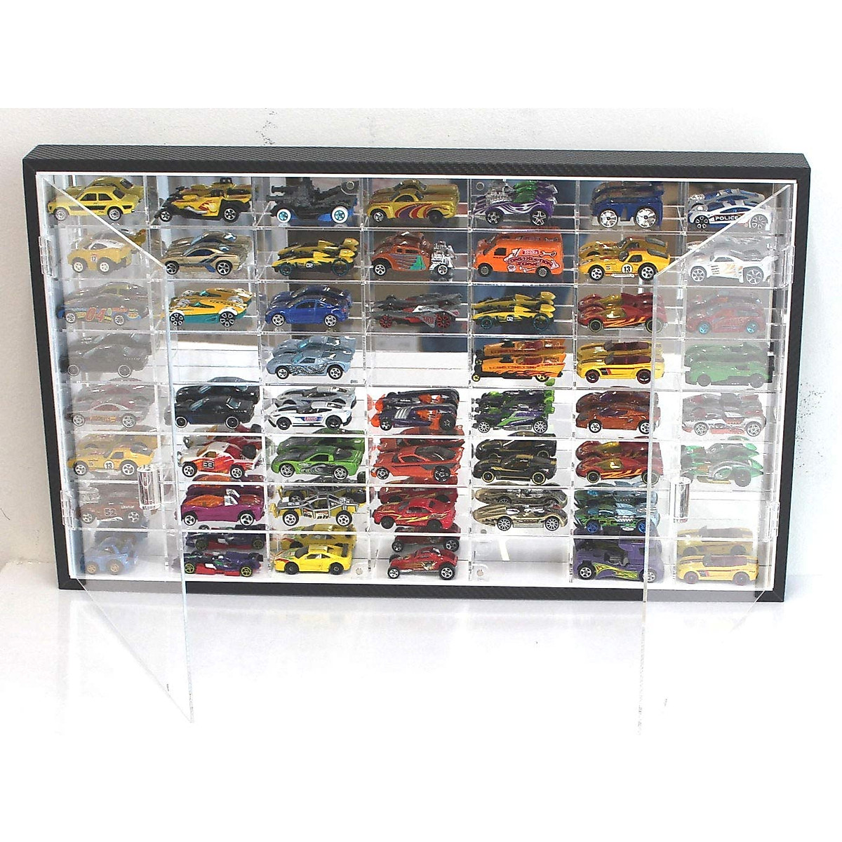 DisplayGifts 1/64 Scale Toy Cars Hot Die-cast Wheels Matchbox Display Case Storage Cabinet Shelf Rack for 56 Slots - 2 Doors, 23.5 X 15 X 2 inches