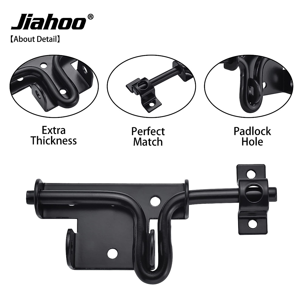 JIAHOO Slide Bolt Gate Latch, Heavy Duty Door Lock with Padlock Hole, Sliding Bolt Latch Hardware for Wooden Fence, Shed Door, PVC Fence, Barn Door, Thickened Steel, Black Finish