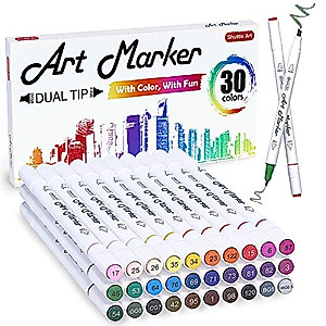 Shuttle Art 30 Colors Dual Tip Art Markers Permanent Marker Pens Highlighters Perfect for Illustration Adult Coloring Sketching and Card Making