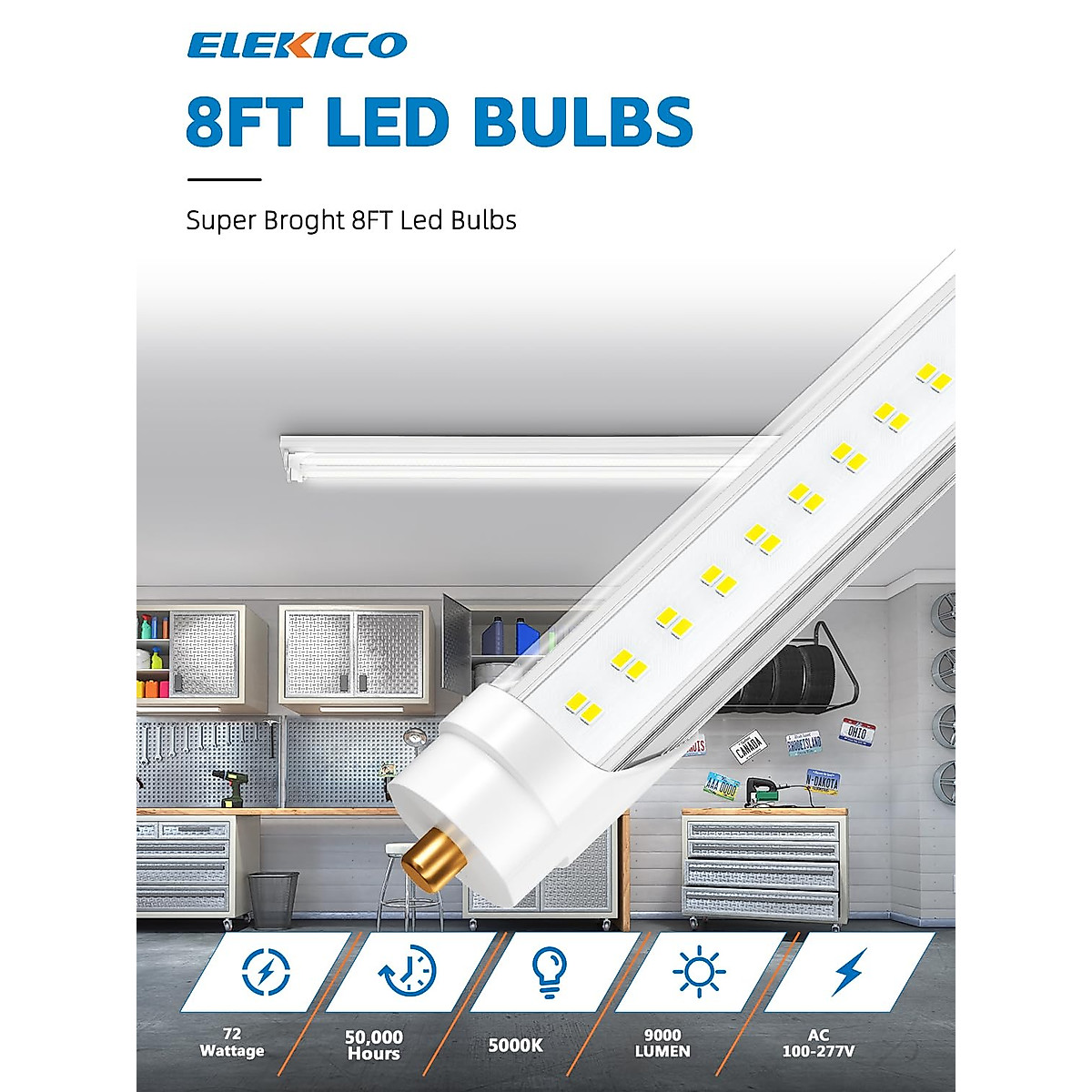 ELEKICO 8FT LED Bulbs, Super Bright 72W 9000lm 5000K, T8 T10 T12 LED Tube Lights, FA8 Single Pin T8 LED Lights, Clear Cover, 8 Foot LED Bulbs to Replace Fluorescent Light Bulbs (Pack of 6)