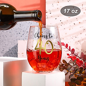 Patelai 40th Birthday Gift for Men Women Stemless Wine Glass, 17 oz Gold Cheers to 40 Years Birthday Wine Glass Present 40th Anniversary or Birthday Wedding Home Party Decor Office Supplies