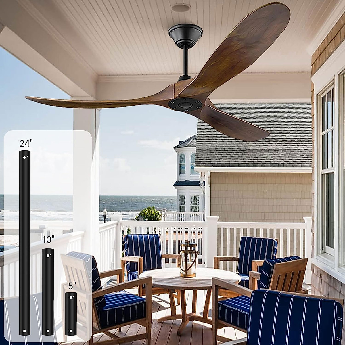60 Inch Outdoor Ceiling Fans without Lights, 3 Blade Propeller Ceiling Fan No Light with Remote Solid Wood Ceiling Fan Large, Modern Farmhouse Ceiling Fan for Patio Exterior High Low Sloped Ceiling