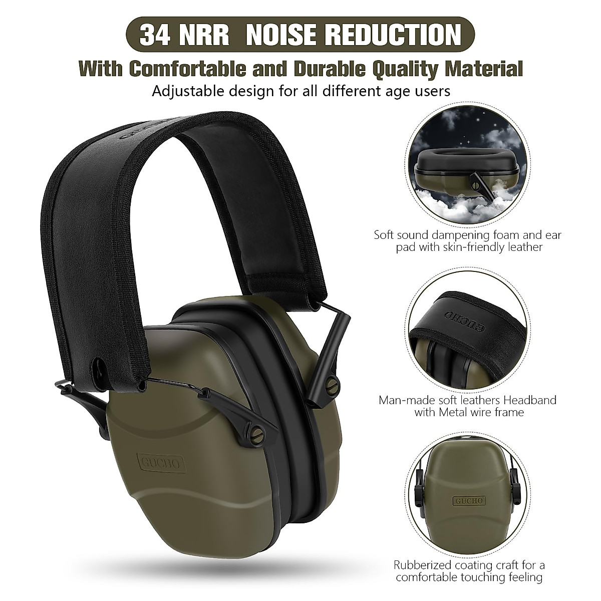 GUCHO 34dB Noise Reduction Safety Shooting Ear Muffs,Hearing Protection Ear Muffs,Shooting Range Ear Protection for Hunting Mowing