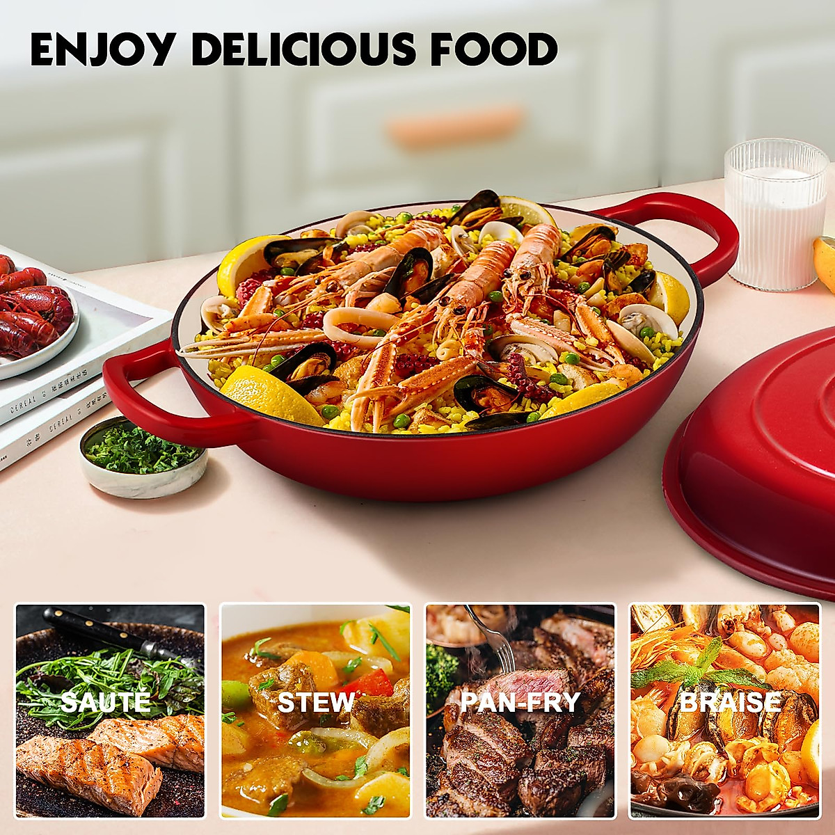 Overmont Enameled Cast Iron Dutch Oven - 3.8 Quart Dutch Oven Pot with Lid - Shallow Cookware Braising Pan - Cast iron Casserole with Cookbook & Heat-resistant Caps - Oven Safe up to 500° F