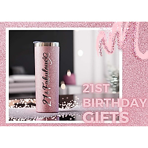 Onebttl 21st Birthday Gifts for Women, Girl, Her - 21 and Fabulous -20oz/590ml Stainless Steel Insulated Glitter Tumbler with Straw, Lid, Message Card - (Rose Gold)