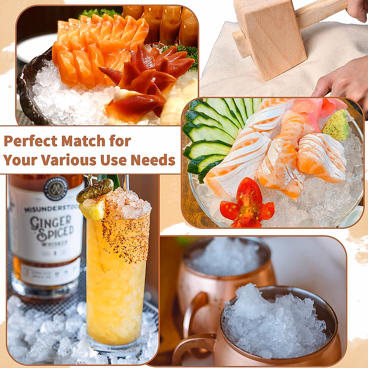 Ice Pick Set of 7 - Stainless Steel Ice Chipper Tea Knife with Wooden Handle, Crushed Ice Lewis Bag and Wood Hammer for Breaking Ice Carving Kitchen Tool Bartender Bars Picnics Camping Restaurant