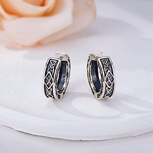 Viking Hoop Earrings 925 Sterling Silver Carving Earrings Black Vintage Hoop Earrings for Men Women
