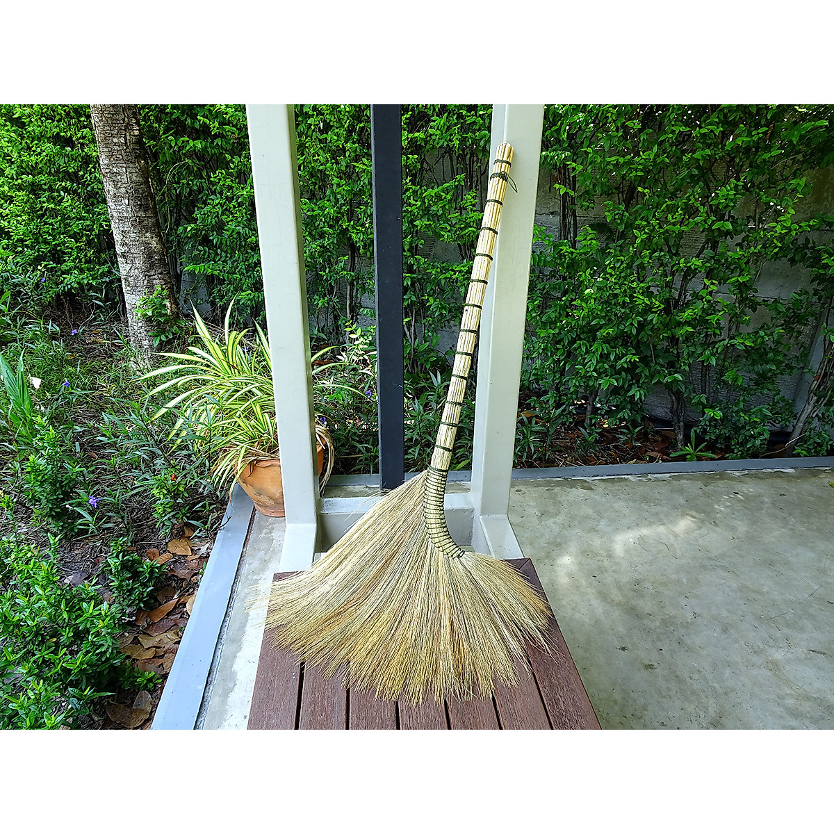Handmade Asian Thai Broom Thick Natural Grass Brush & Handle Broomstick in Vintage Viet Whisk Straw Design