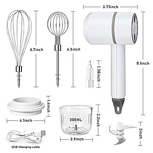 Suteng Electric Garlic Chopper, 3 IN 1 Rechargable Egg Beater Food Processor with 300ML Glass Container, Cordless Electric Blender for Kitchen Cooking Baking - White