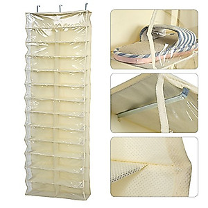 Yuecoom Hanging Shoe Organizer Over Door, 26 Large Pocket Shoe Rack Closet Shoes Hanger Non-Woven Transparent Storage Bag(Beige)