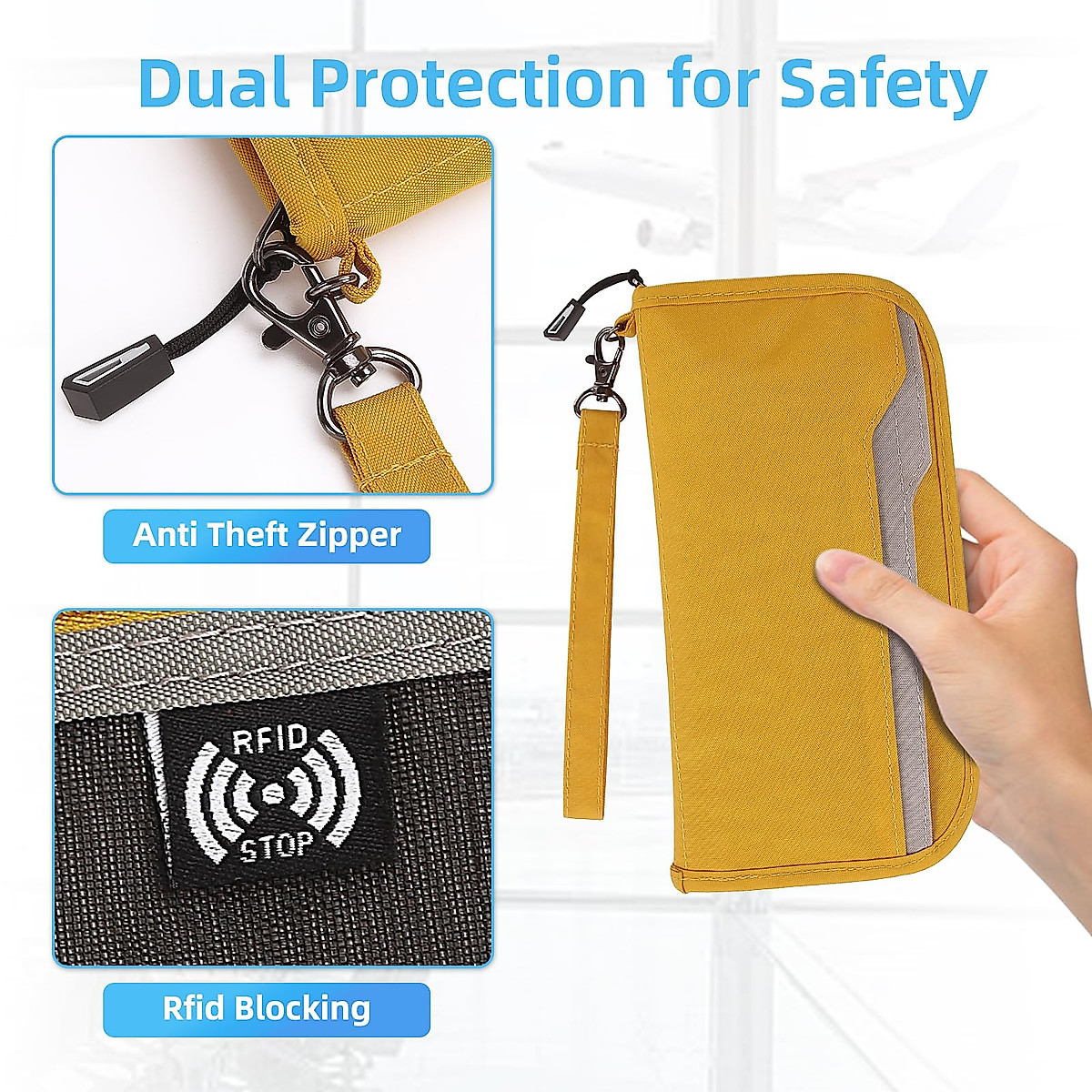 ZOPPEN Passport Holder Family Women/Men, Travel Wallet RFID Passport Wallet Travel Essentials Documents Organizer Zipper Case with Removable Wristlet Strap, Yellow