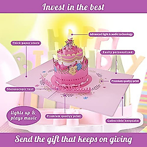Blowable Candle 3D Birthday Pop Up Card, Musical Birthday Cards with Light, Music and Flower, Pink Cake Card, Blow Out LED Light Candle and Play Happy Birthday Song Greeting Card for Women Wife, Girlfriend, Mom