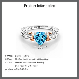 Gem Stone King 925 Silver and 10K Rose Gold 6MM Heart Shape Gemstone Birthstone and Diamond Engagement Ring | Wedding Anniversary Promise Ring For Women | Available In Size 5, 6, 7, 8, 9