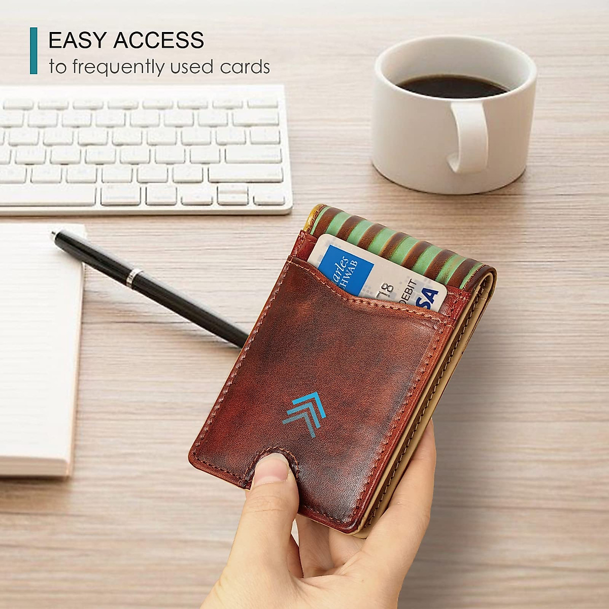 Pefiam Full Grain Leather Bifold Wallet for Men - 12 Slots, RFID Blocking - USA Flag, Brown