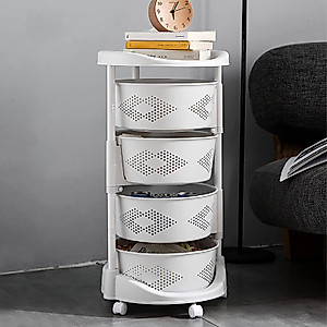 LOYALHEARTDY Rotating Storage Rack 4 Tier Round Mesh Baskets Storage Shelf Rack Adjustable Height Kitchen Storage Shelf with 5 Lockable Casters for Kitchen Bathroom Bedroom White