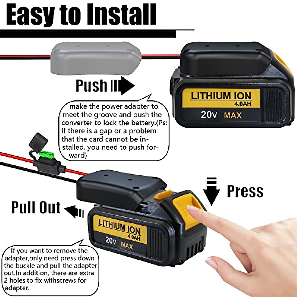 Battery Adapter for Dewalt Battery, Power Wheel Adapter for Dewalt 20v Battery,Power Wheels Battery Conversion Kit with Fuse and 14 Gauge Wire Connector for Ride On Truck, Robotics, Rc Toys
