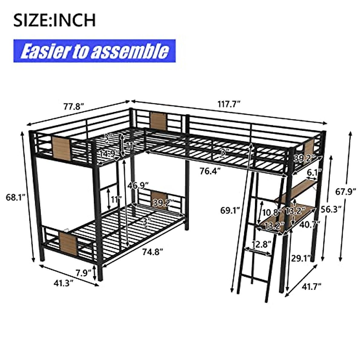 SNIFIT Upgraded Version & Stronger Metal L-Shaped Triple Bunk Bed Twin Over Twin Over Twin with Desk & Storage Shelf & Ladders, Thicken More Stable Black Bunk Bed Twin Size L-Shaped (Faster Assembly)