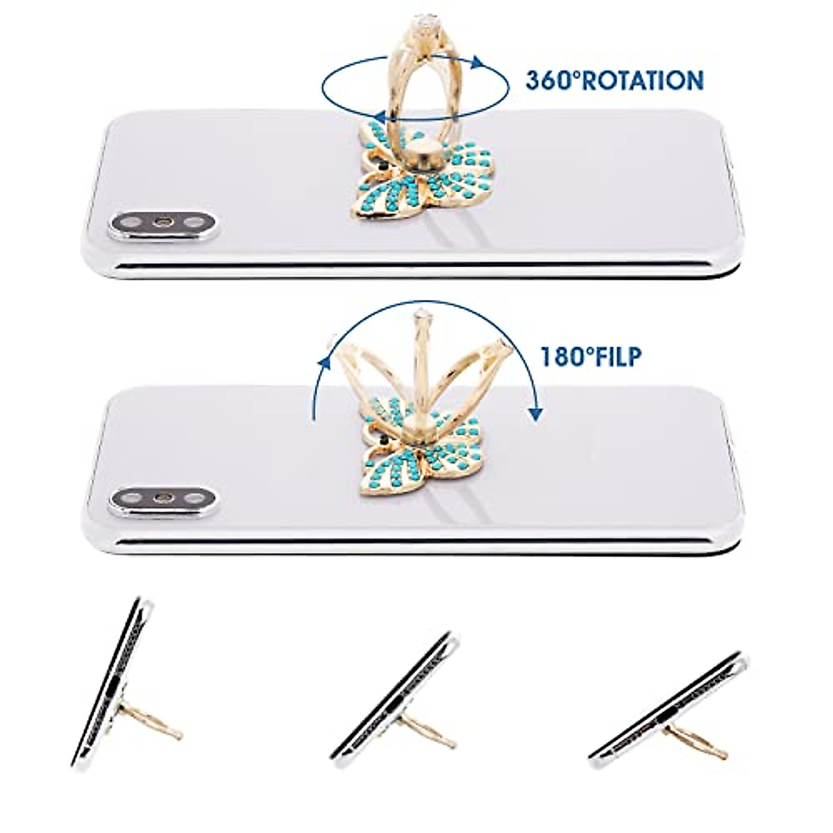cobee Cell Phone Ring Holder Stands, 4 Pcs Butterfly Phone Ring Holders with Rhinestones Glitter Butterfly Finger Kickstand Metal Hand Grip with Knob Loop 180°/360° Rotation Kickstands(4 Colors)