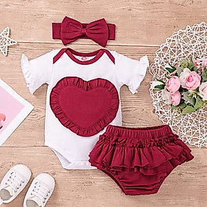 Tepuce Baby Girl Clothes 0-3 Months Infant Summer Outfit Ruffle Romper Love Heart + Ruffle Shorts + Headband, Red Heart Set