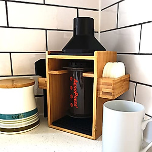 HEXNUB – Compact Bamboo Organizer for AeroPress, Caddy Station Holds AeroPress Coffee Maker, Filters, Cups, Pour Over Accessories With Silicone Dripper Mat, Increased Space Saving (Black)