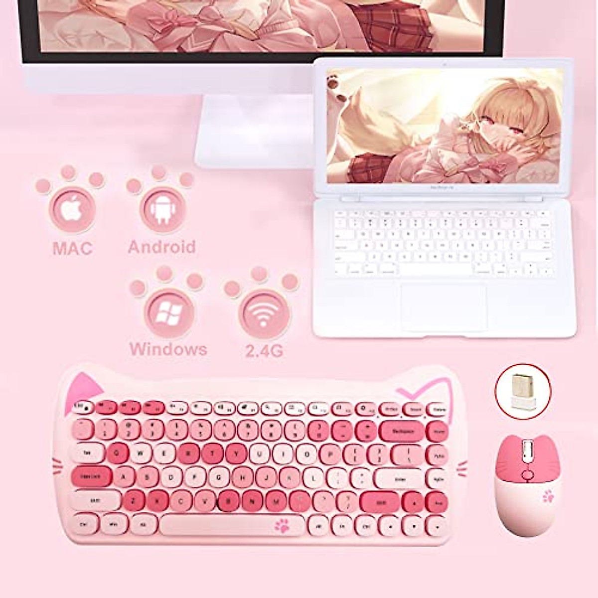 Attoe Wireless Mouse and Keyboard, Cute Cat Keyboard Mouse Combo for Girl Gift,2.4G Cordless Computer Mice with USB Receiver for Laptop PC MAC (Cherry Blossom Pink)…
