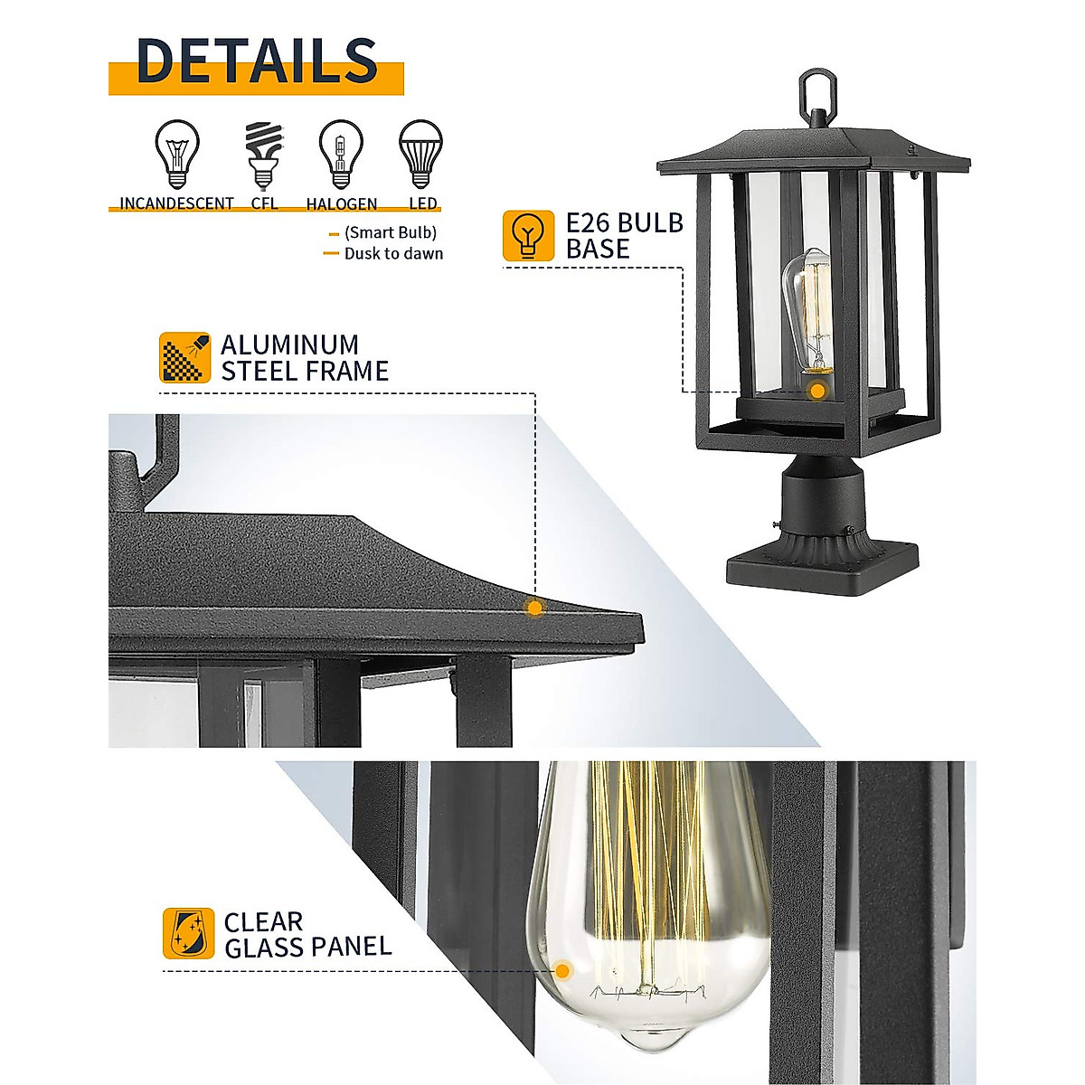 Beionxii Outdoor Post Lights, Large Exterior Lamp Post Light Fixture with Pier Mount Base, Black Cast Aluminum w/Clear Glass (19" x 9") - A197P-2PK