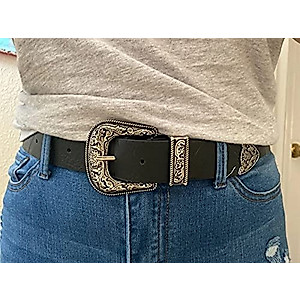 Mealah Women-Leather-Belts Vintage Western-Belt with Carved Buckle Waist-Belt for Jeans Dresses（for Waist 28"-39"）