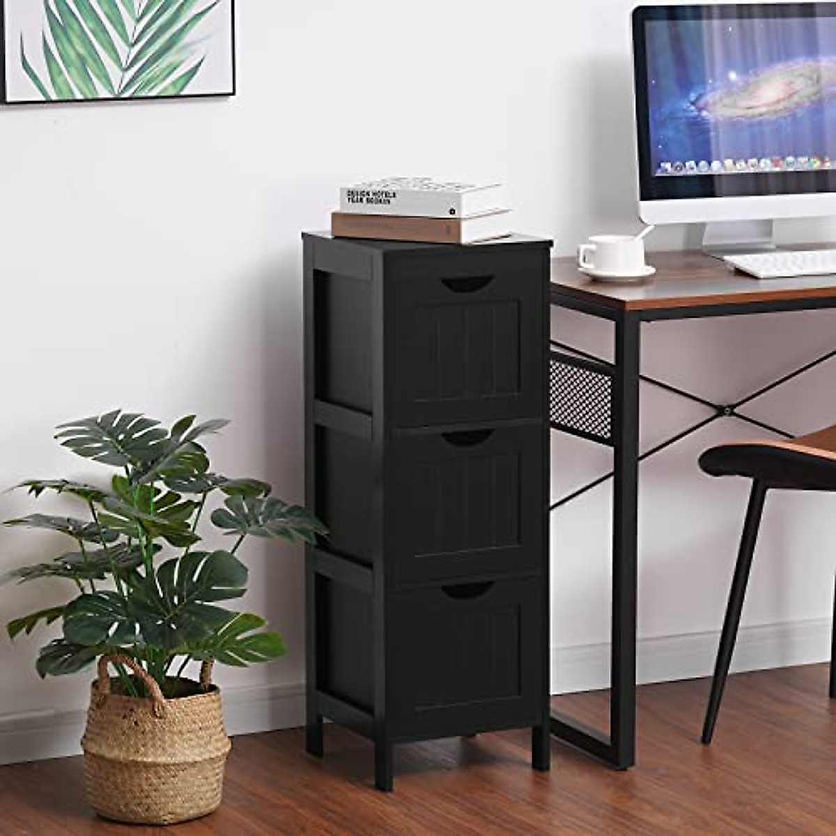 Reettic Narrow Bathroom Storage Cabinet with 3 Removable Drawers, DIY, Free Standing Side Storage Organizer for Bedroom, Living Room, Entryway, 11.8" L x 11.8" W x 35" H, Black BYSG102B