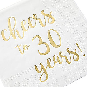 50 Pack Cheers to 30 Years Cocktail Napkins for 30th Birthday, Anniversary Party Supplies, 3-Ply, White and Gold Foil (5 x 5 In)
