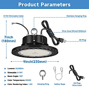 LED High Bay Light, 150W 22,000lm 5000K 0-10V Dimmable US Hooks LED Garage Light UFO Commercial LED Shop Light for Workshop Gym Factory Warehouse