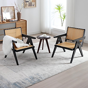 ABET Cane Accent Chairs Set of 2, Wooden Comfy Rattan Living Room Chairs with Woven Backrest & Seat, Solid Leisure Armchair, Mid-century Boho Cane Lounge Chairs for Bedroom, Patio, Balcony, Black