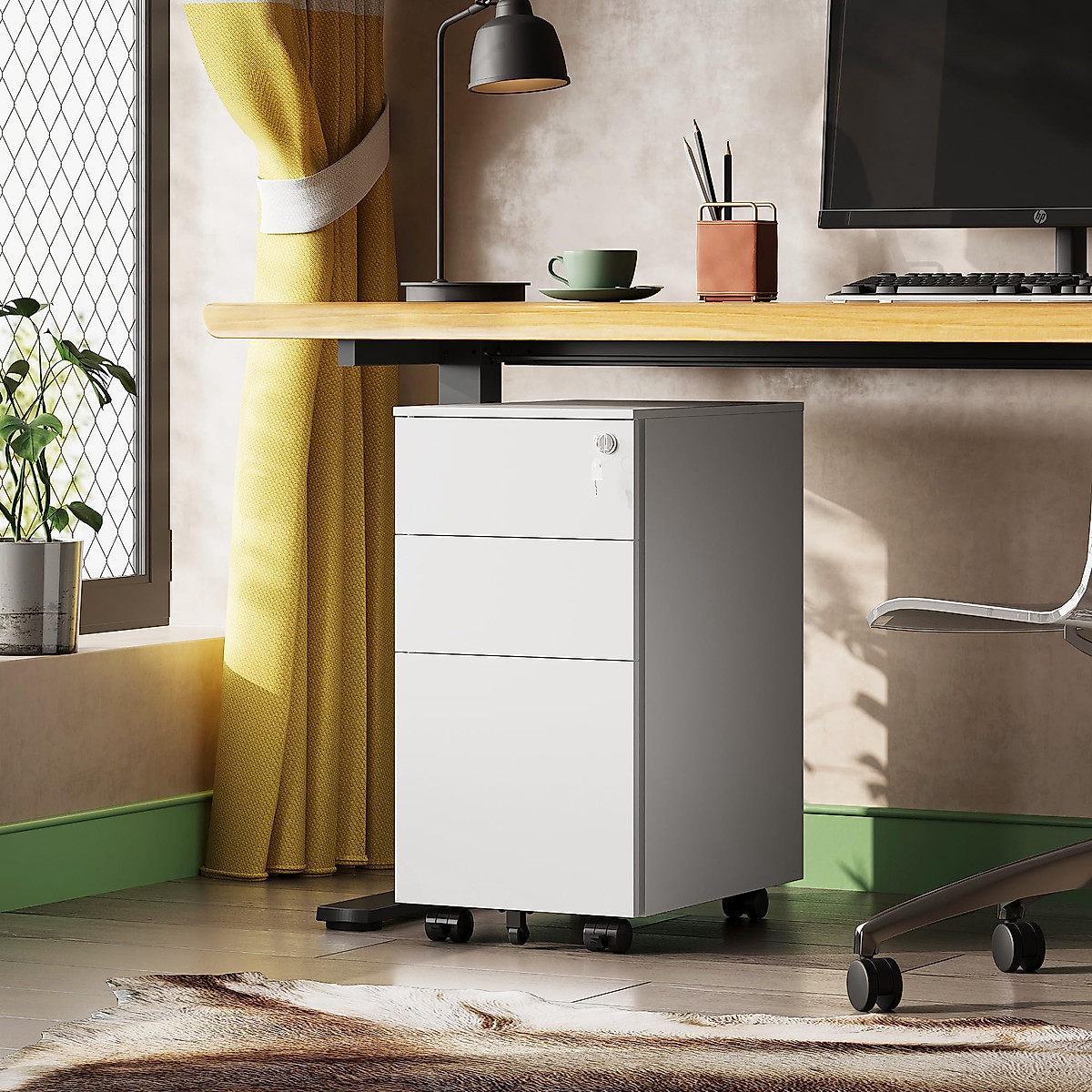 DEVAISE White File Cabinet, Small Filing Cabinet with 3 Drawers with Slim Width for Home Office, Rolling Under Desk Cabinet (11.8 inch)