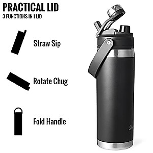 SkyWell 24oz Stainless Steel Water Bottle with 3 in 1 Lid, BPA-Free Leak-Proof Wide Mouth Vacuum-Insulated Water Flask with Straw and Handle Sweat-Proof for Outdoor and Travel, Black